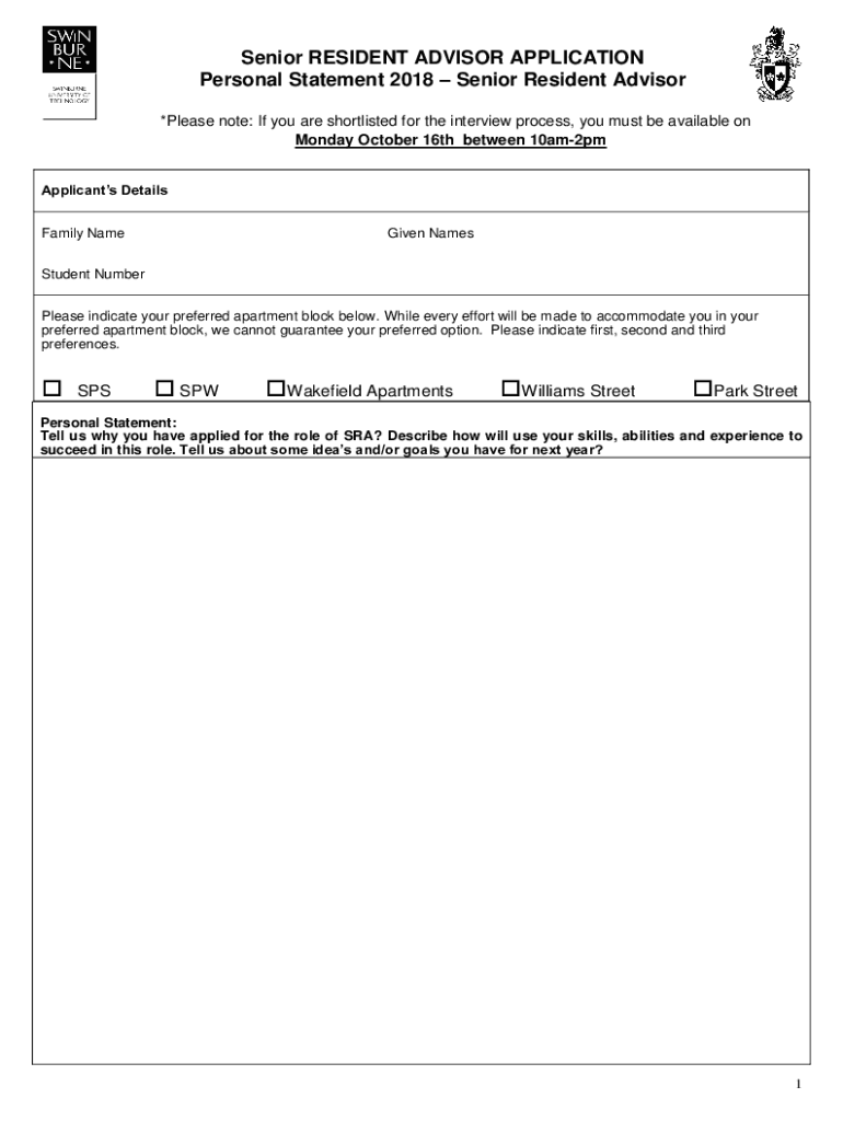 Fillable Online Resident Advisor Personal Statementipl.org Fax Email ...