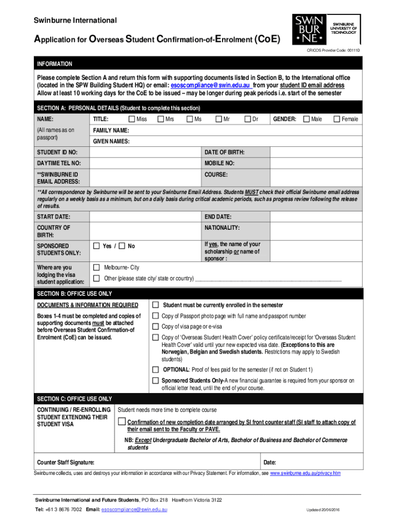 Fillable Online New Confirmation of Enrolment Request (CoE) for ...
