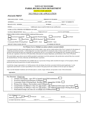 Fillable Online Fillable PARKS, RECREATION DEPARTMENT FIELD USE APPLICATION PLEASE ... Fax Email ...