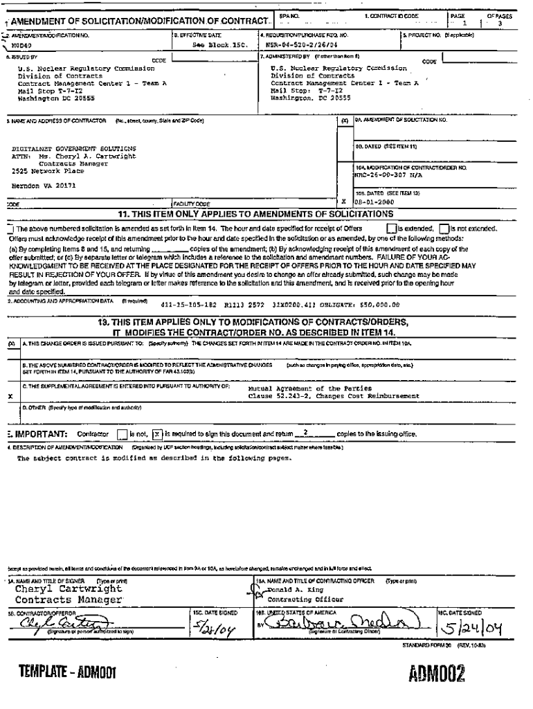 Fillable Online AMENDMENT OF SOLICITATION/MODIFICATION OF CONTRACT 1 2 ...