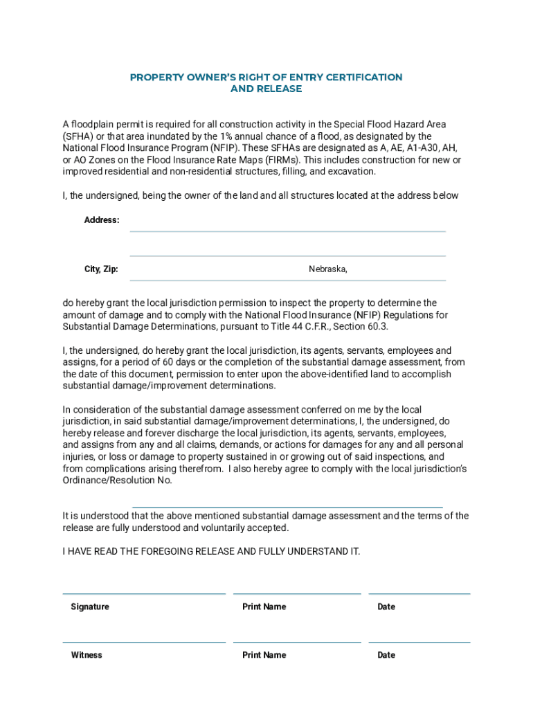 Fillable Online PROPERTY OWNER'S RIGHT OF ENTRY CERTIFICATION AND ...
