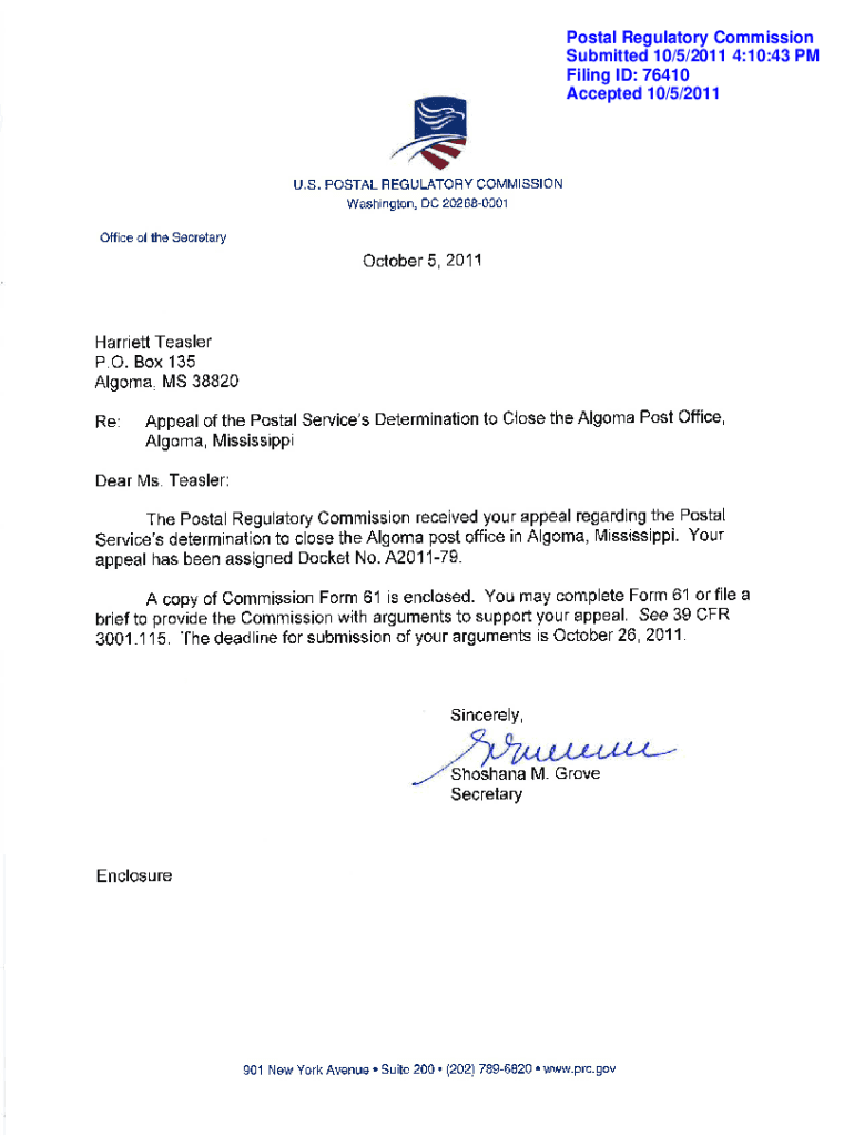 Fillable Online Postal Regulatory Commission - Official SiteFORM NO. 61 ...