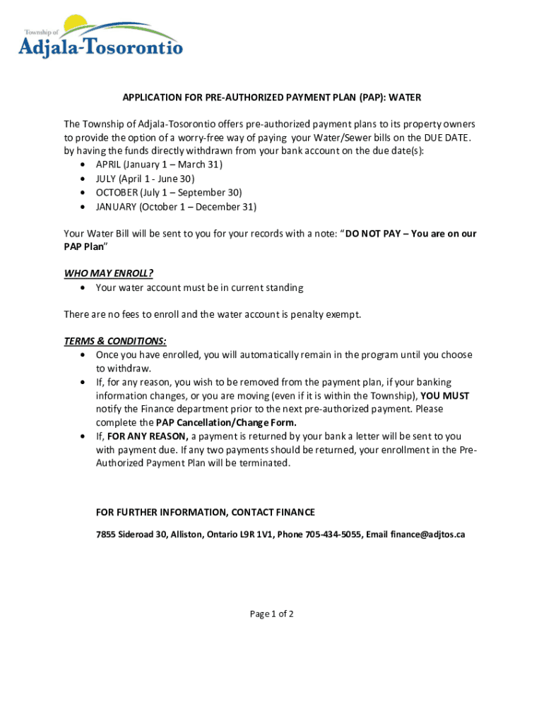 Fillable Online APPLICATION FOR PRE-AUTHORIZED PAYMENT PLAN (PAP): WATER Fax Email Print - pdfFiller