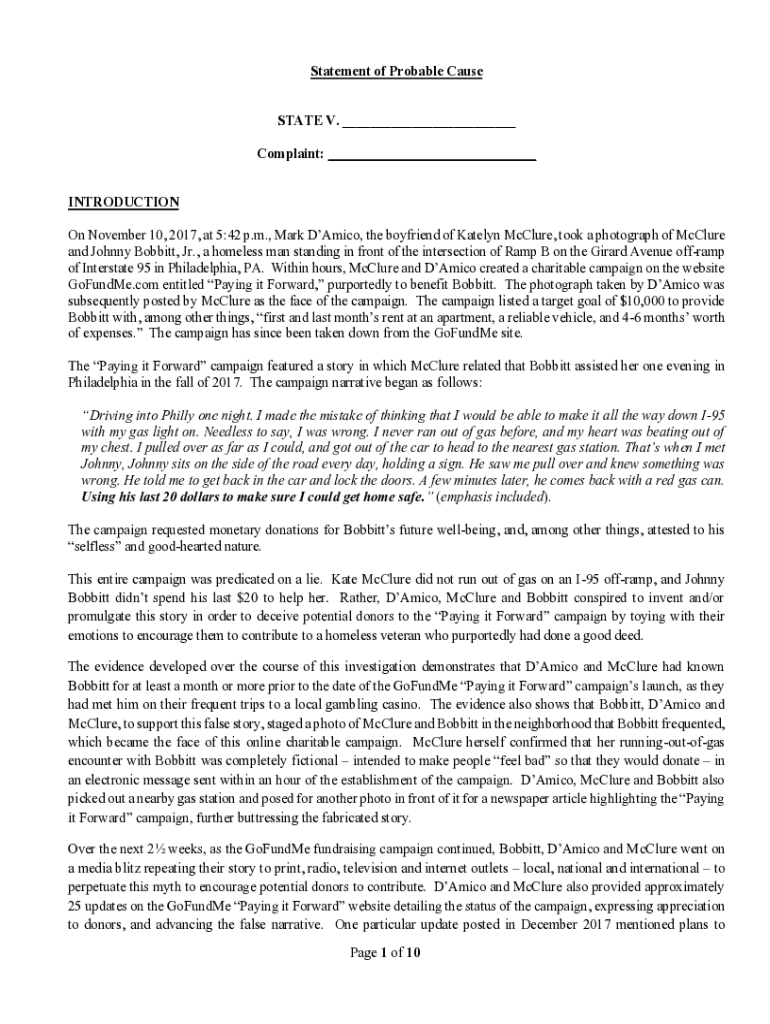 Fillable Online Page 1 of 10 Statement of Probable Cause STATE V. Fax ...