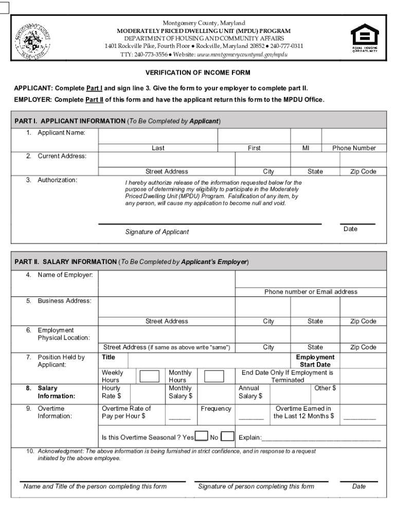 Fillable Online VERIFICATION OF INCOME FORM APPLICANT: Complete Part I ...