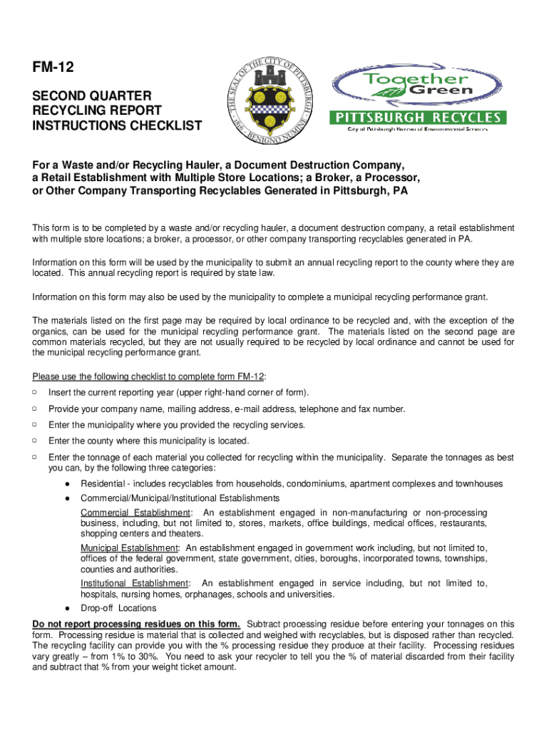 Fillable Online apps pittsburghpa fm-12 - second quarter recycling report instructions checklist ...