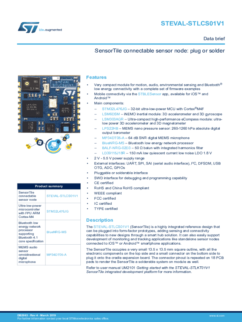 Fillable Online Data brief - STEVAL-STLCS01V1 - SensorTile connectable sensor node. The STEVAL ...
