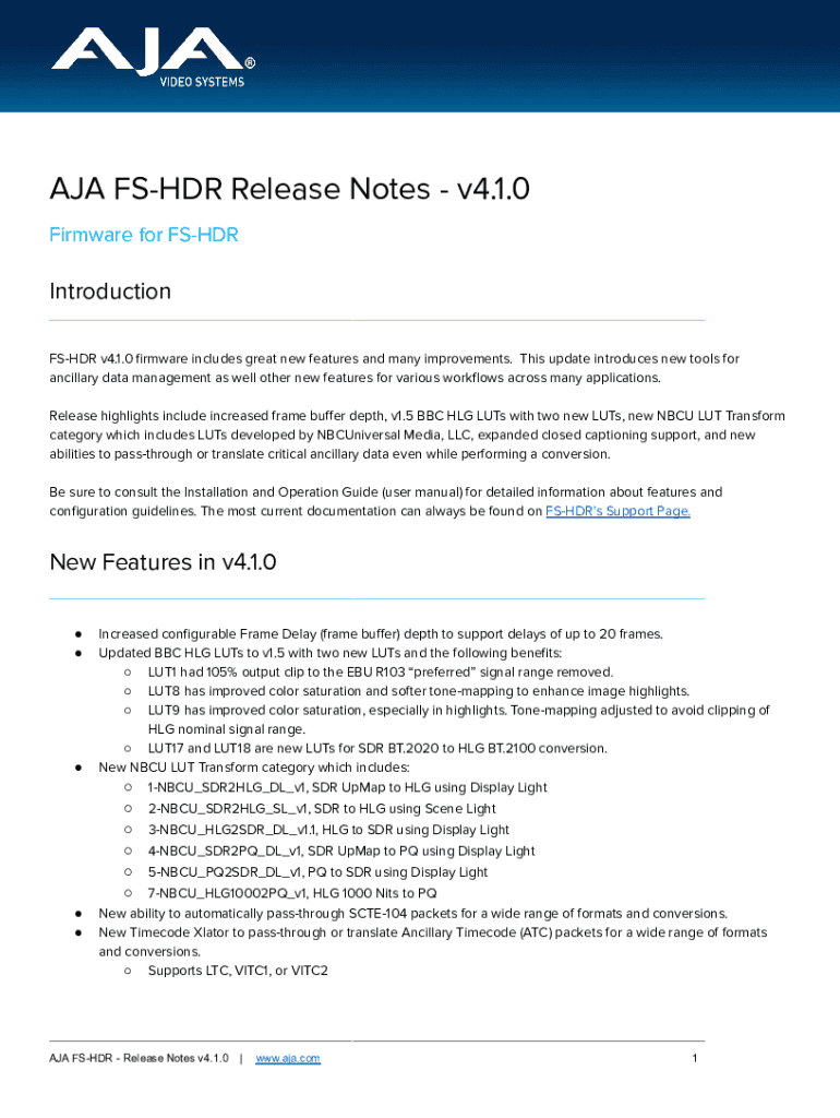 Fillable Online AJA FS-HDR v4.0 Introduces New Colorfront Engine TV ...