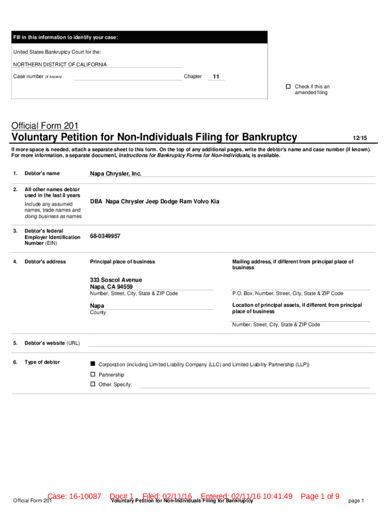 Fillable Online Bankruptcy Forms. Napa Chrysler, Inc. - Steven M. Olson 146120 Fax Email Print ...
