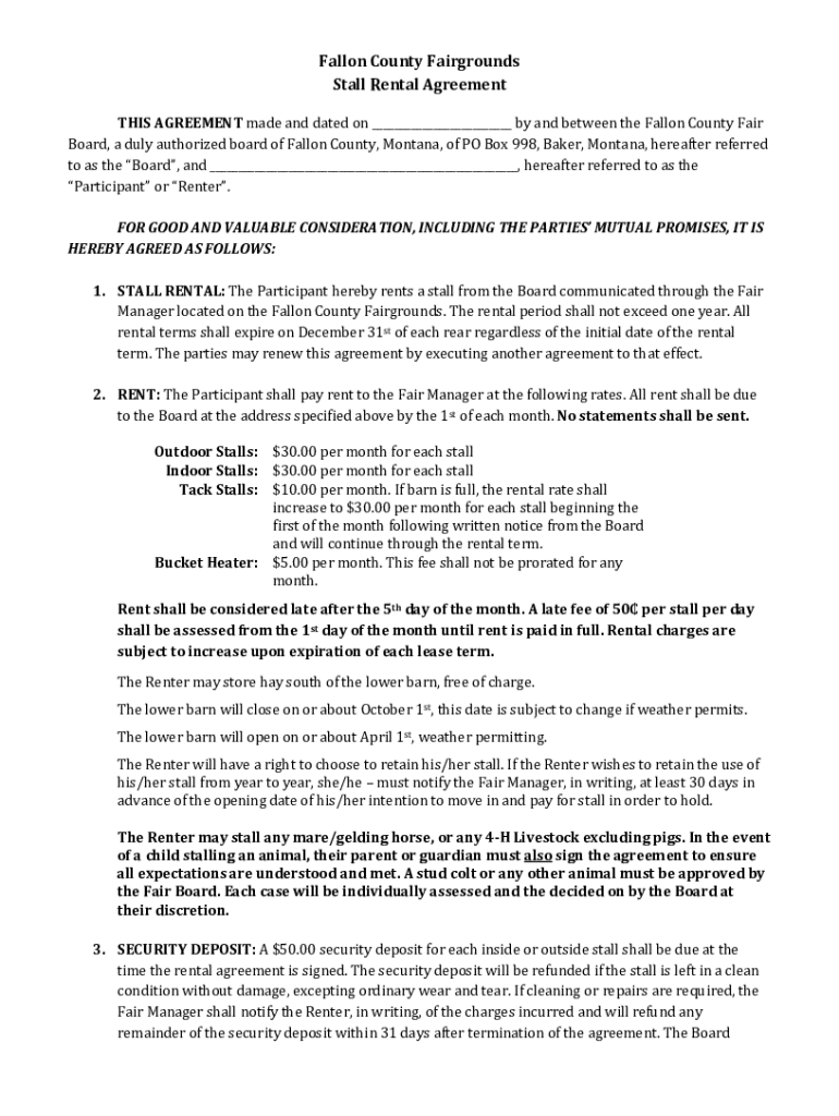 Fillable Online Fallon County Fairgrounds Stall Rental Agreement Fax ...