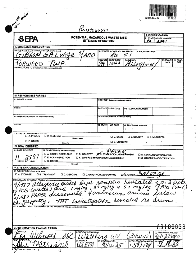 Fillable Online US EPA POTENTIAL HAZARDOUS WASTE SITE IDENTIFICATION ...