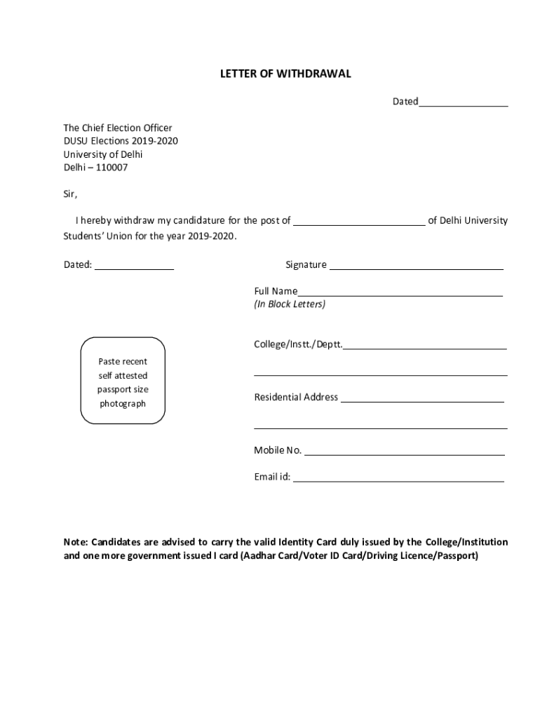 Fillable Online LETTER OF WITHDRAWAL - du.ac.in Fax Email Print - pdfFiller