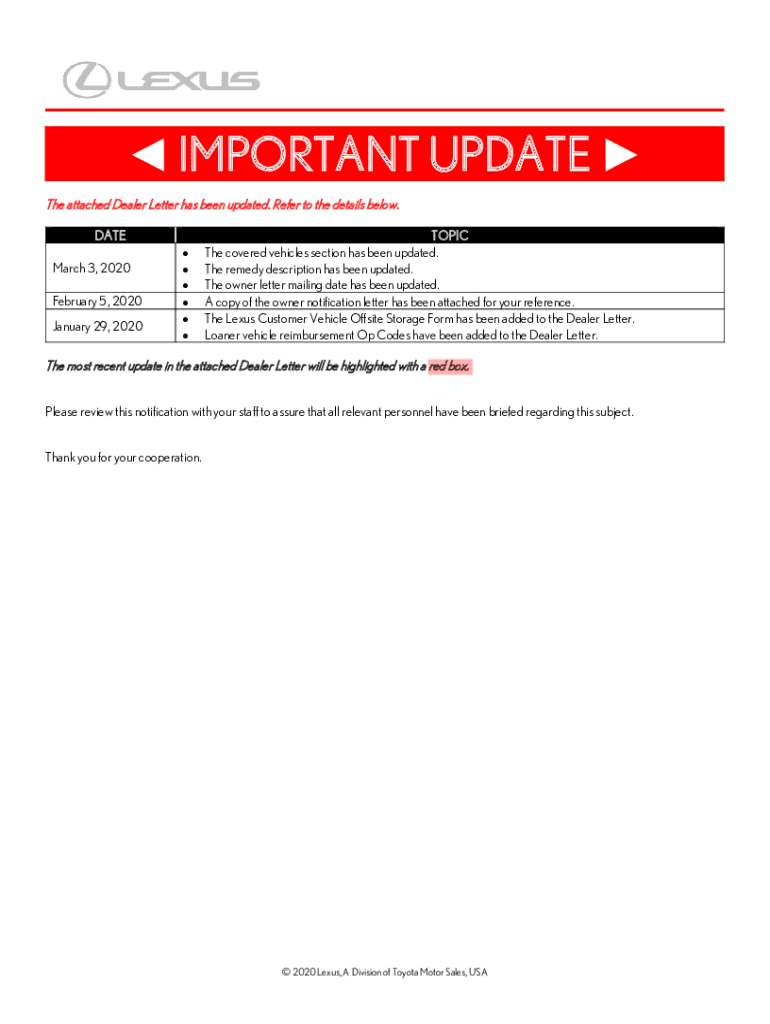 Fillable Online TOYOTA IMPORTANT UPDATEThe attached Dealer Letter has ...