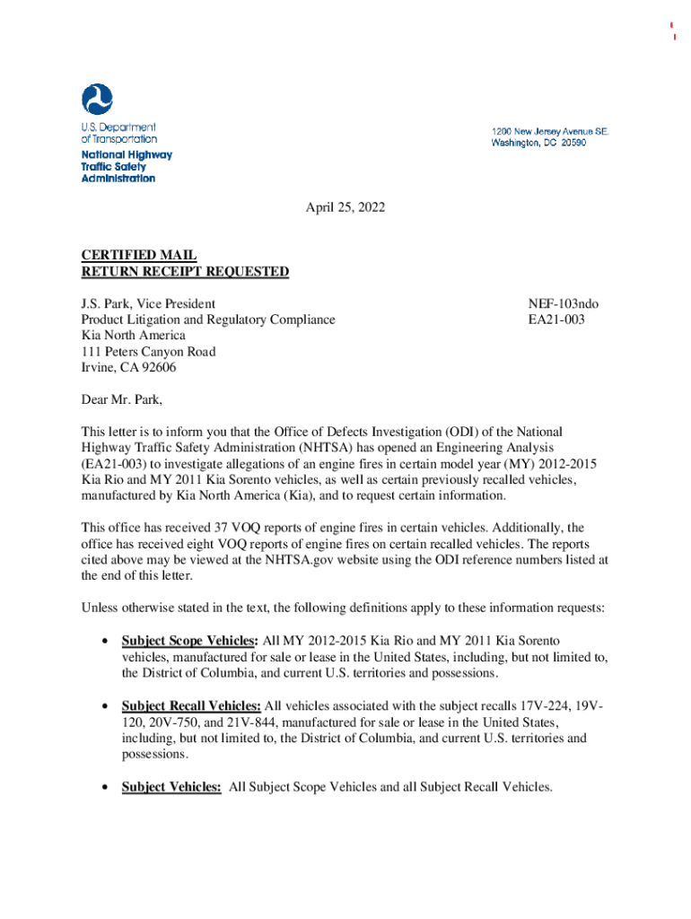 Fillable Online DOT NHTSA ODI Document - National Highway Traffic ...