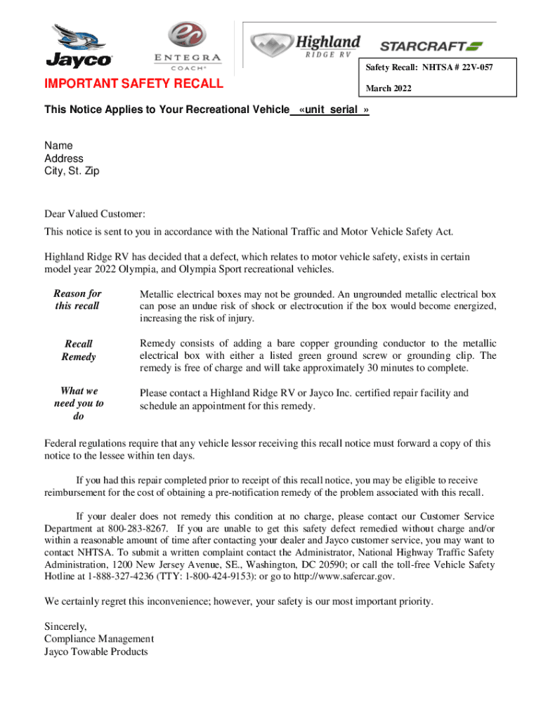 Fillable Online Safety Recall: NHTSA # 22V-057 Fax Email Print - pdfFiller