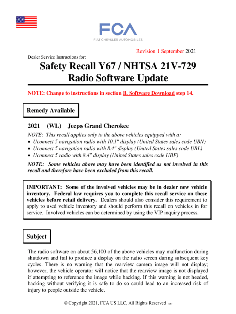 Fillable Online Safety Recall Y67 / NHTSA 21V-729 Radio Software Update ...