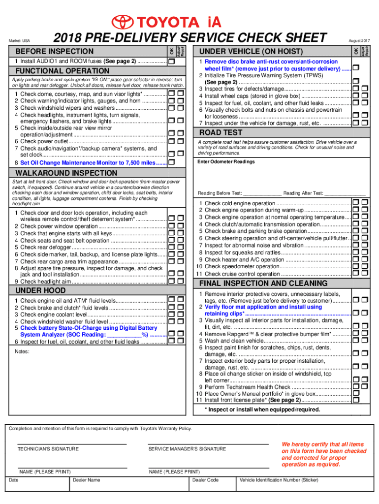 Fillable Online 2018 PRE-DELIVERY SERVICE CHECK SHEET - NHTSA Fax Email ...