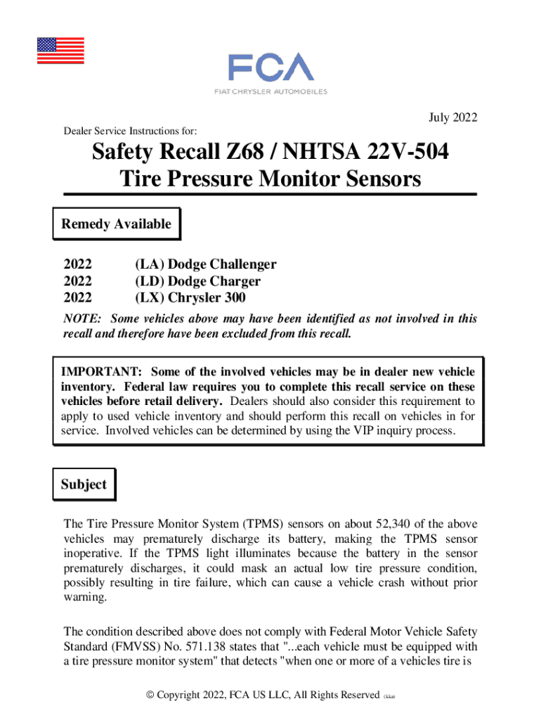 Fillable Online Safety Recall Z68 / NHTSA 22V-504 Tire Pressure Monitor ...