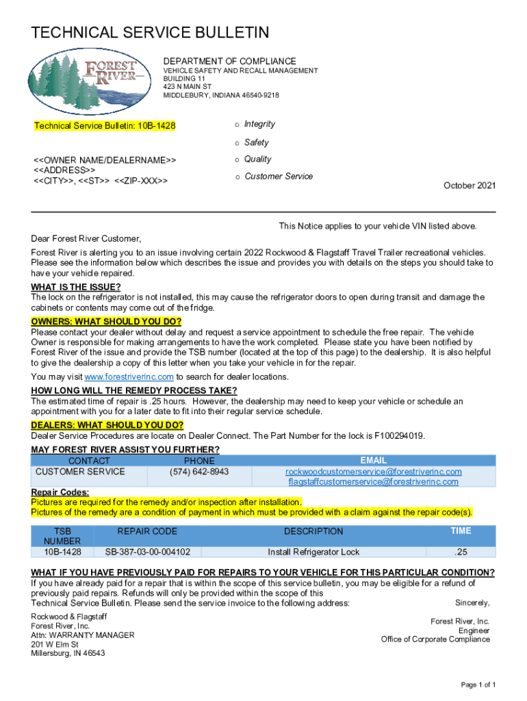 Fillable Online Technical Service Bulletin: 10B-1428 Fax Email Print ...