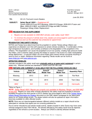 Fillable Online All U.S. Ford and Lincoln Dealers SUBJECT: Safety ...