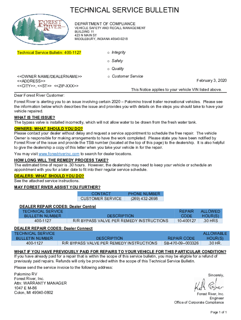 Fillable Online Technical Service Bulletin: 400-1127 Fax Email Print ...