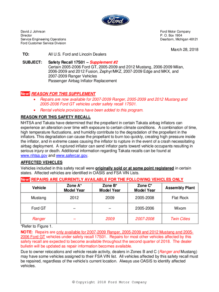 Fillable Online U.S. Ford and Lincoln Dealers SUBJECT: Safety Recall ...