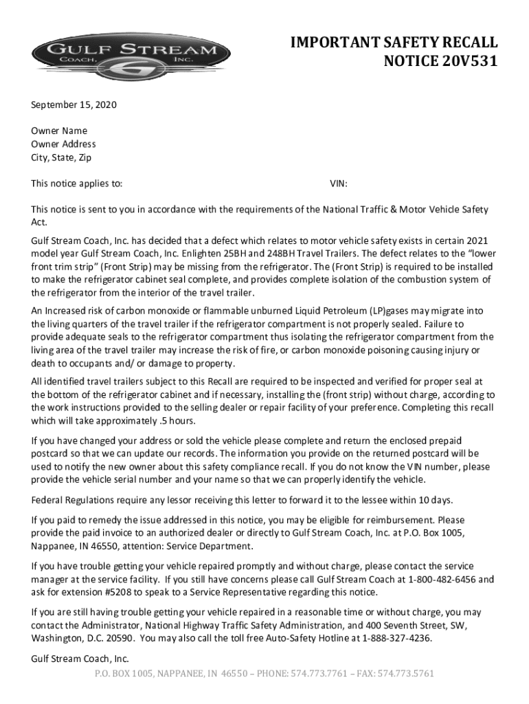 Fillable Online IMPORTANT SAFETY RECALL NOTICE 20V531 - National ...