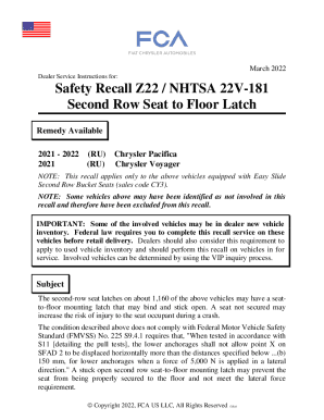 Fillable Online Safety Recall Z22 / NHTSA 22V-181 Second Row Seat to ...