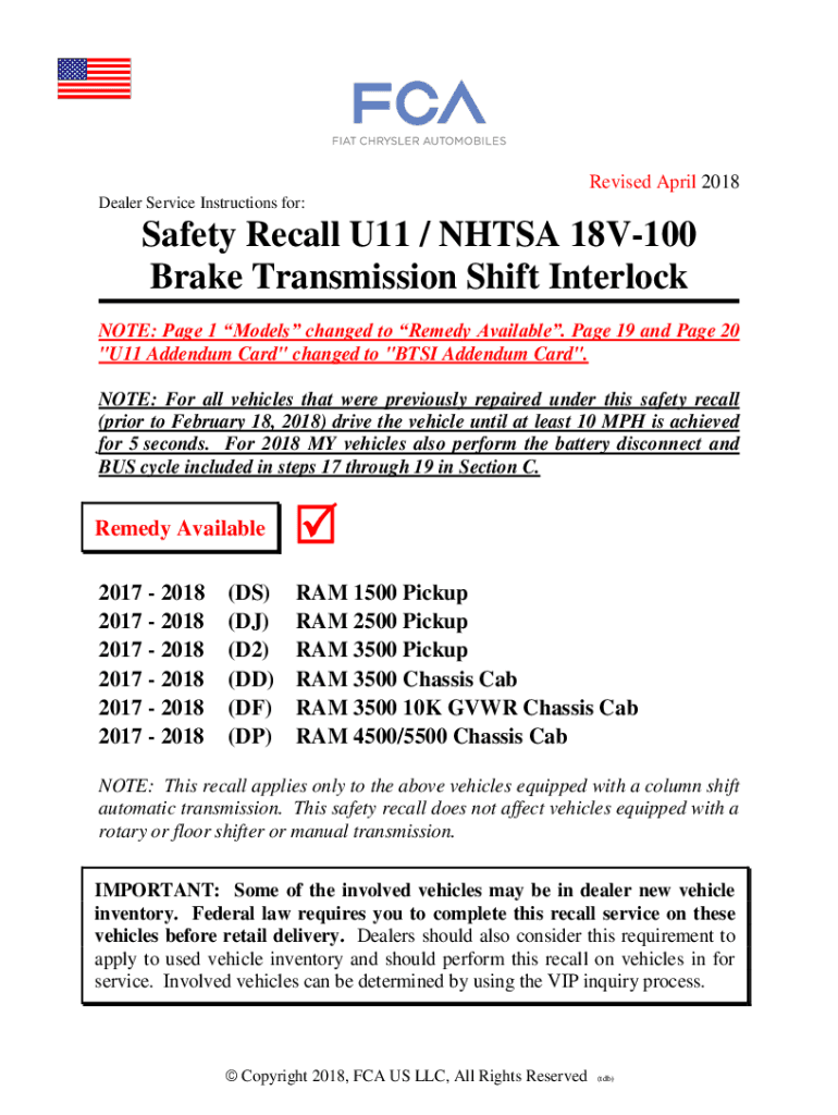 Fillable Online Safety Recall U11 / NHTSA 18V-100 Brake Transmission ...