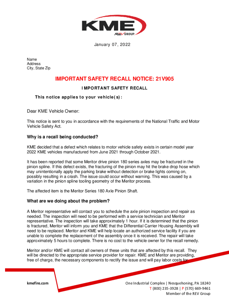 Fillable Online IMPORTANT SAFETY RECALL NOTICE: 20V100 - National ...