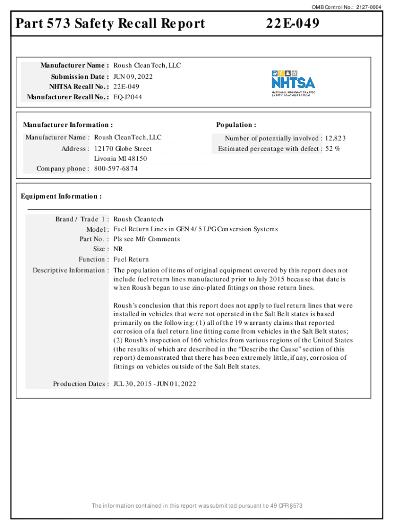 Fillable Online OMB Control No.: 2127-0004 Part 573 Safety Recall ...