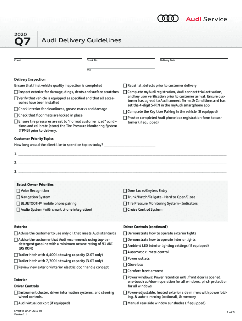 Fillable Online A7/S7/RS 7 Audi Delivery Guidelines - National Highway ...