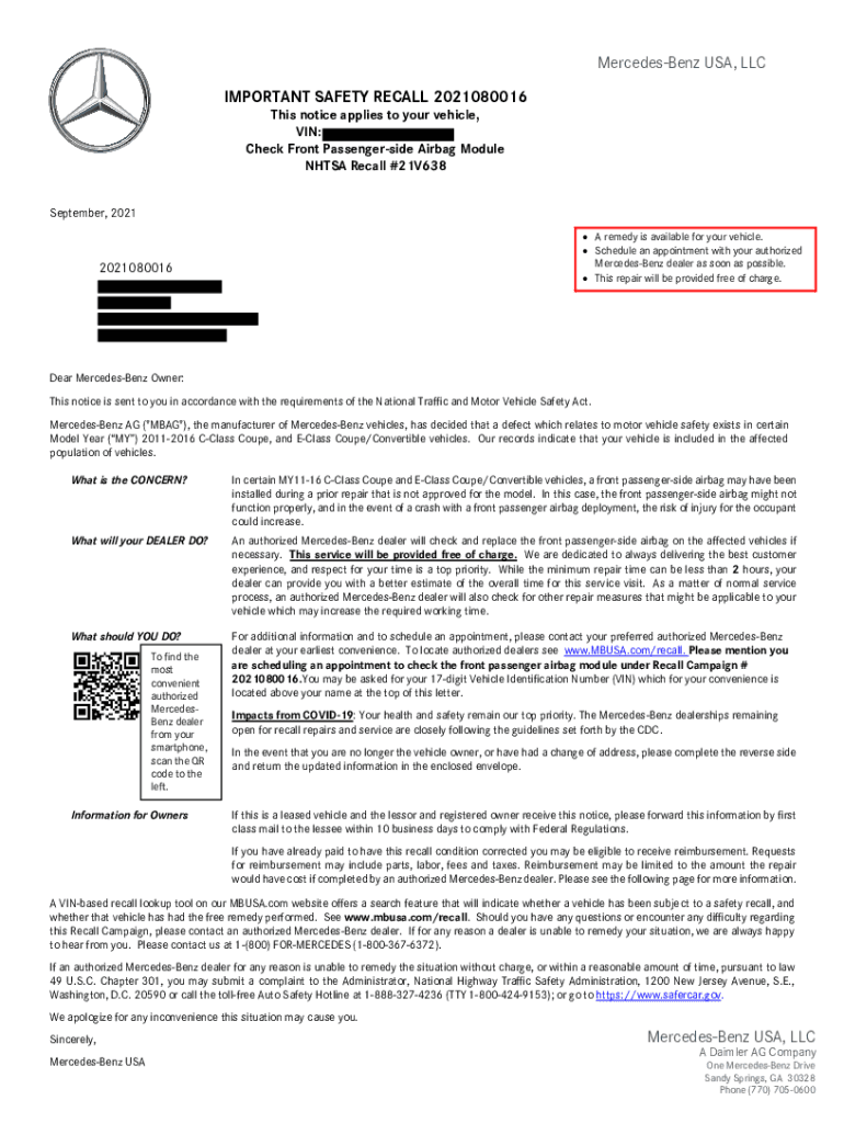 Fillable Online Mercedes-Benz USA Announces Voluntary Stop Drive Recall Campaign for ... Fax ...