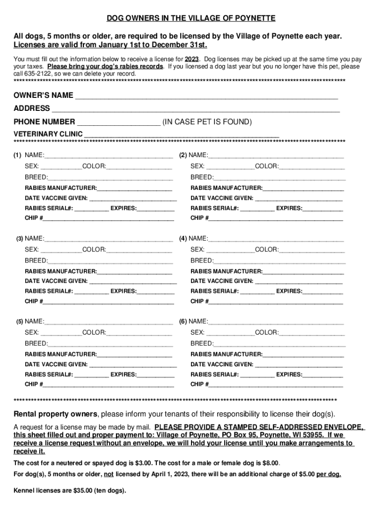 Fillable Online Fillable Online All dogs, 5 months or older, are required to be ... Fax Email ...