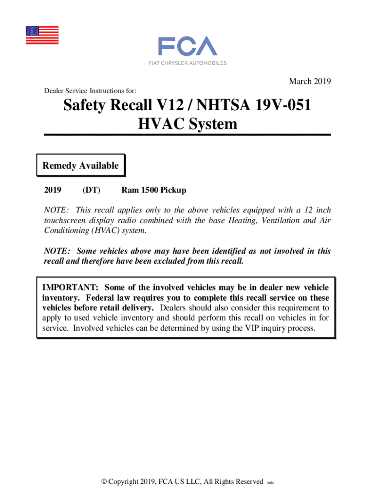 Fillable Online Safety Recall V12 / NHTSA 19V-051 HVAC System Fax Email ...