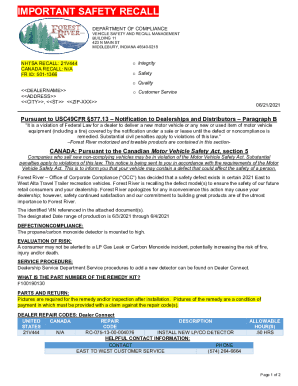Fillable Online NHTSA RECALL: 21V444 Fax Email Print - pdfFiller