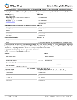 Fillable Online Consent of Surety to Final Payment Form - Iowa State University Fax Email Print ...