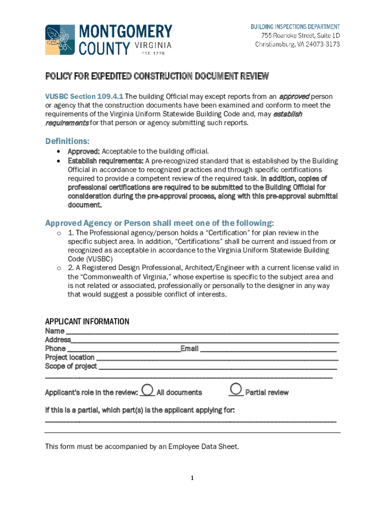 Fillable Online POLICY FOR EXPEDITED CONSTRUCTION DOCUMENT REVIEW Fax ...