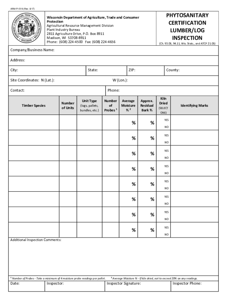 Fillable Online datcp wi PHYTOSANITARY CERTIFICATION LUMBER/LOG ...