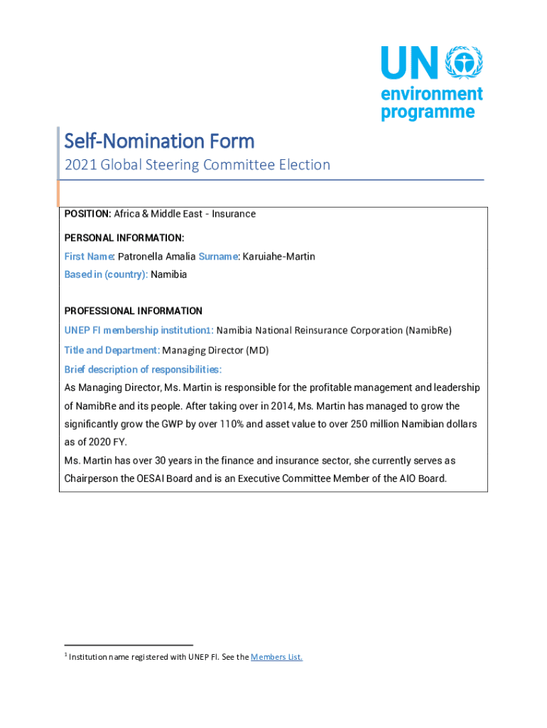 Fillable Online Self-Nomination Form - United Nations Environment ...