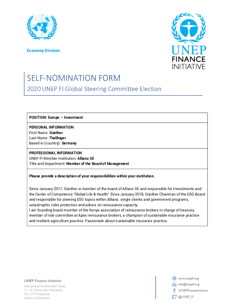 Fillable Online SELF-NOMINATION FORM - UNEP FI Fax Email Print - pdfFiller