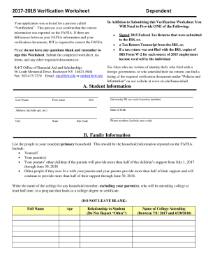 Fillable Online 2017-2018 Verification Worksheet Independent StudentTracking Group V1 Fax Email ...