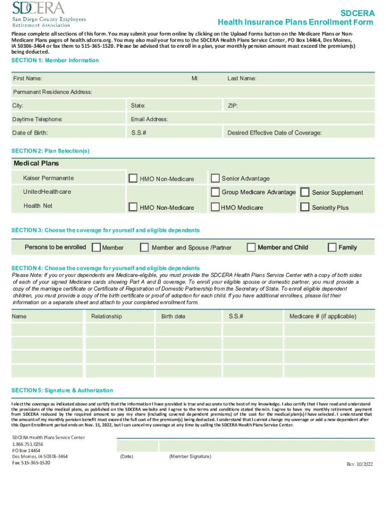 Fillable Online Fillable Online SDCERA Health Insurance Plans ...
