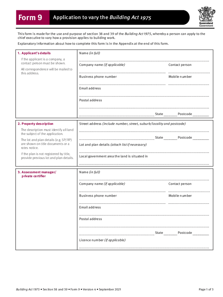 Fillable Online Form 9 Application to vary the Building Act 1975. Form ...
