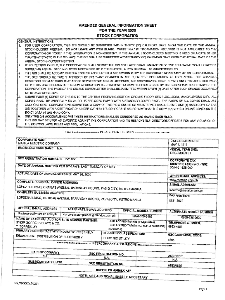 Fillable Online General Information Sheet (GIS) - Securities and ...