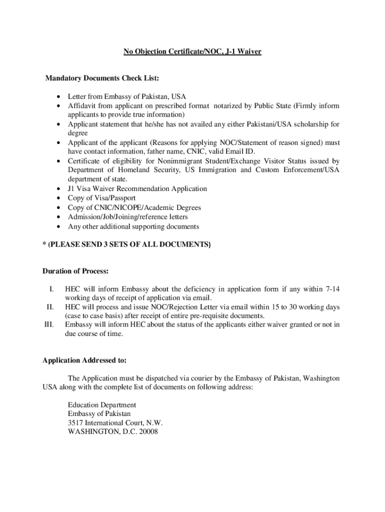 Fillable Online No Objection Certificate/NOC, J-1 Waiver Mandatory Documents Check List Fax ...