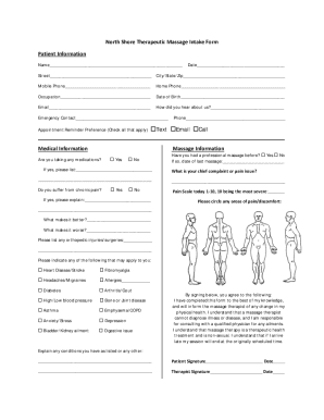 Fillable Online North Shore Therapeutic Massage Intake Form Patient Information Fax Email Print ...