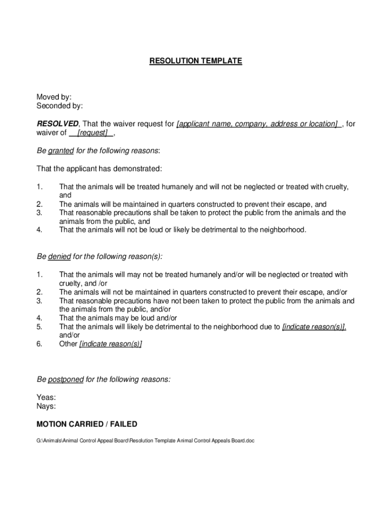 Fillable Online RESOLUTION TEMPLATE Moved by: Seconded by: RESOLVED ...