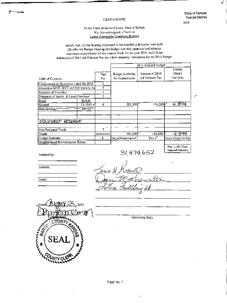 Fillable Online State of Kansas CERTIFICATE Special District 2015 To ...
