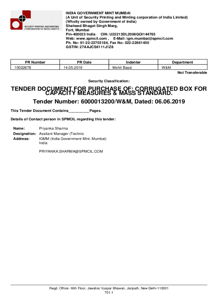 Fillable Online Tender Document for purchase of: CORRUGATED BOX FOR ...